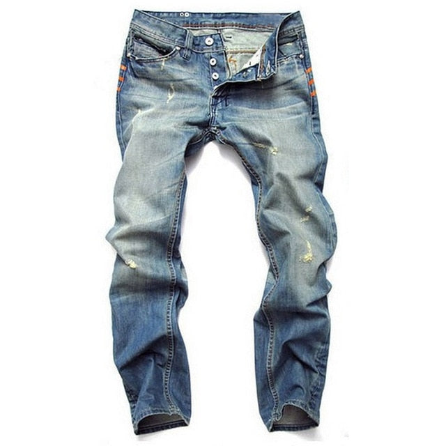 Men's light blue stone washed denim jeans vintage straight slim/fit ...